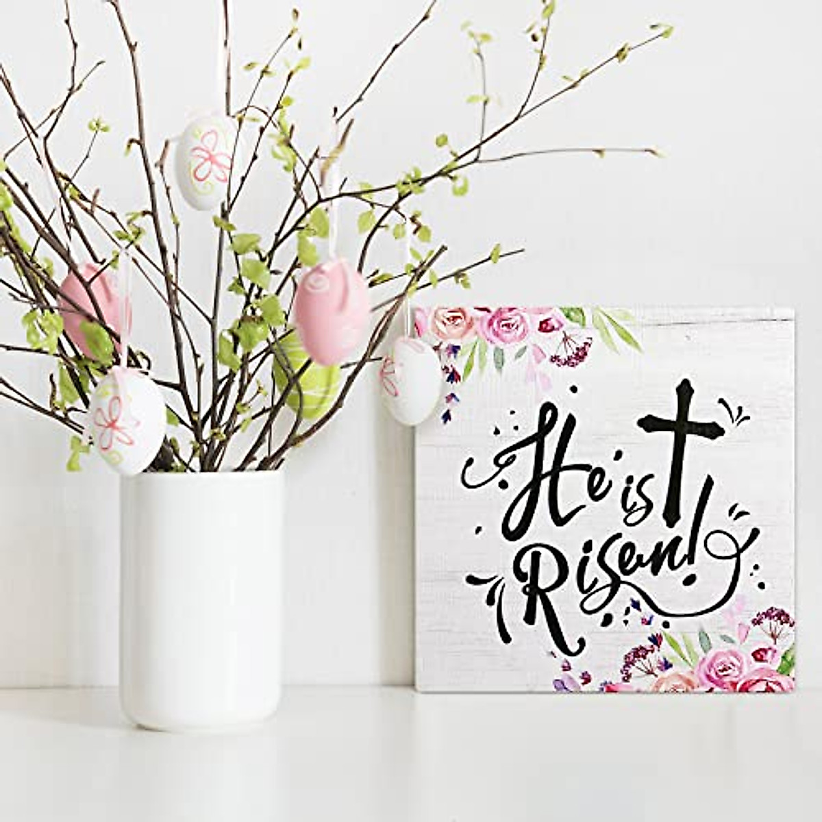 3 Pieces Easter Christian Table Decorations Signs He Is Risen Decor Wooden Inspirational Tiered Tray Block Signs Easter Spring Table Centerpieces He Lives Tabletop Decor for Holidays Home