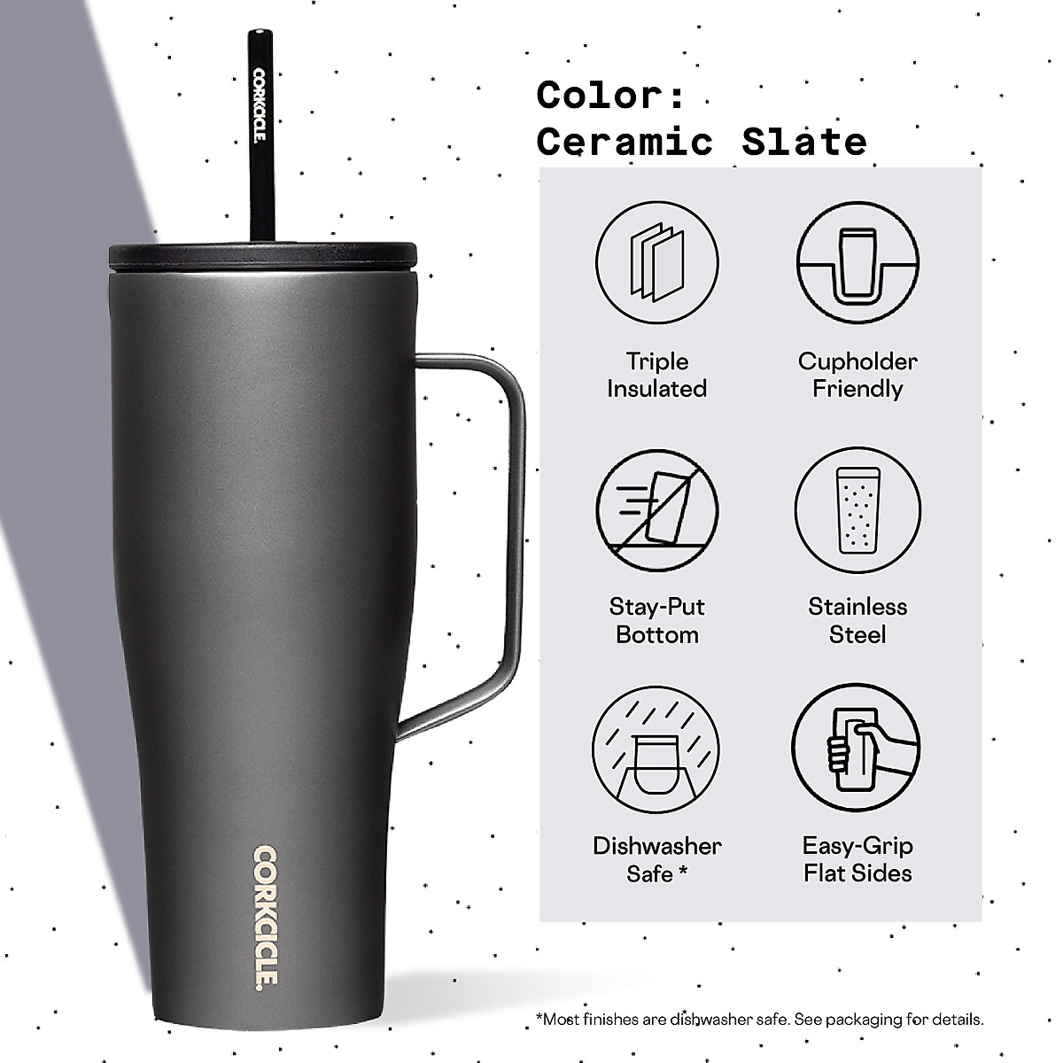 Corkcicle 30oz Tumbler With Handle, Ceramic Slate, Reusable Water Bottle, Triple Insulated Stainless Steel Travel Mug, BPA Free, Keeps Beverages Cold 12 Hours, Tumbler with Lid and Straw, Cold Cup XL