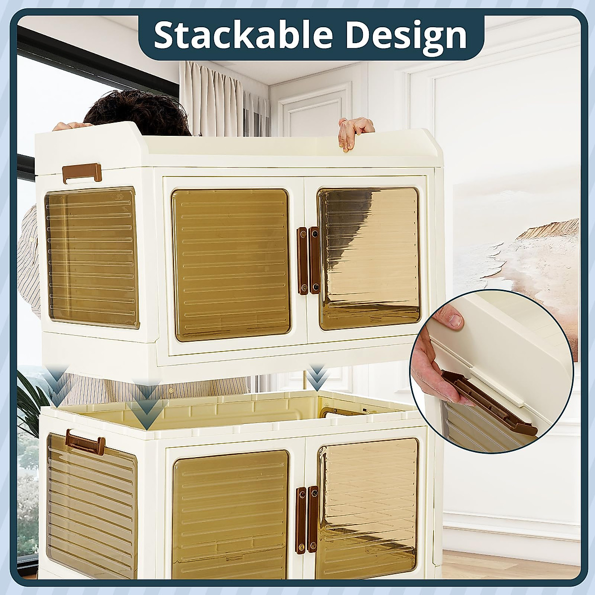 GARPROVM 3 Tier Stackable Storage Bins with Doors and Wheels 42 GAL, Storage Box 168QT Foldable Storage Bins with lids Storage Closet Clothes Organizer Storage Cabinet for Bedroom Living Room