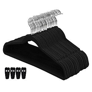 Velvet Hangers 26 Pack with Clips - Non Slip Black Felt Hangers - Space Saving Clothes Hangers for Coat, Shirt, Pants & Dress - Slim Heavy Duty Hangers for Clothing