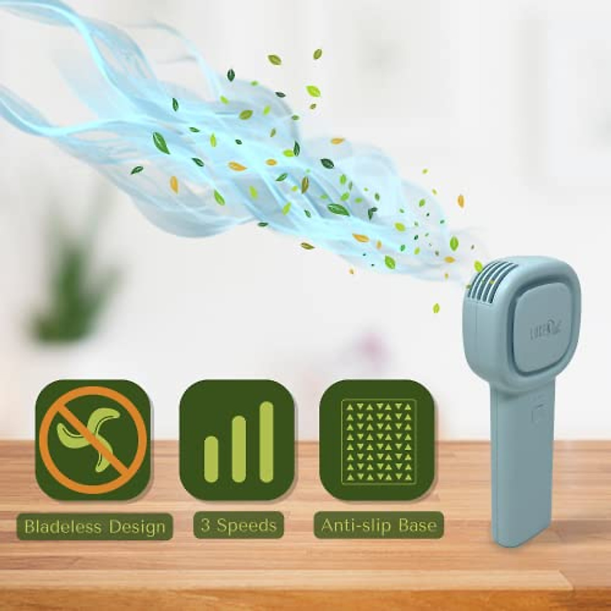 Lucent Air Handheld Fan with Power Bank – Matte Blue – Bladeless 2 in 1 Personal Fan for Travel, Office – 4000mAh Rechargeable USB Fan – Ultra-Quiet Cooling Fan – Non Slip Base Mini Fan