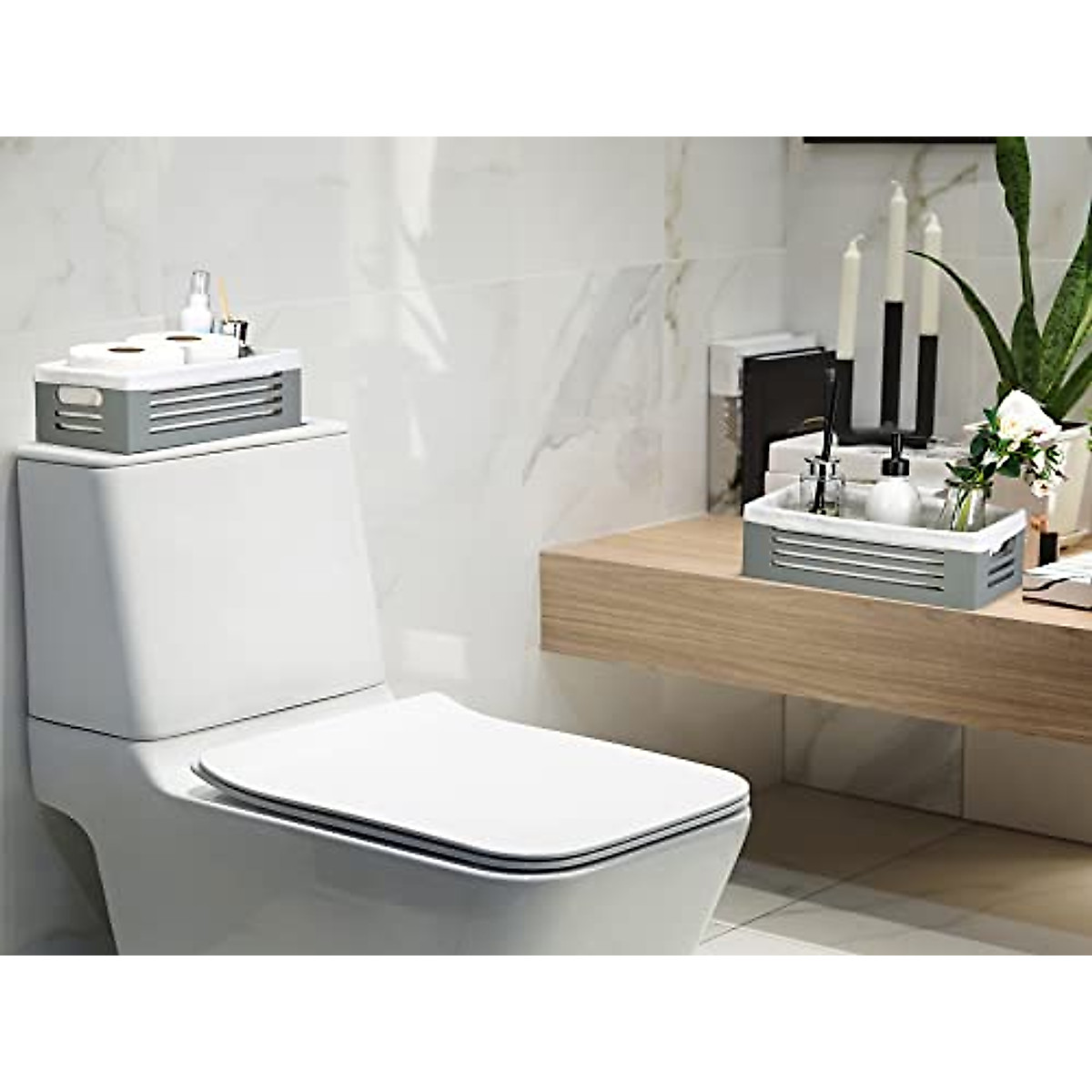 2 Pack Gray Bathroom Decor Box Toilet Tank Basket Topper - Wood Bathroom Baskets - Back of Toilet Storage Basket for Toilet Paper storage, Lined with Soft Linen Fabric - Countertop Organizer
