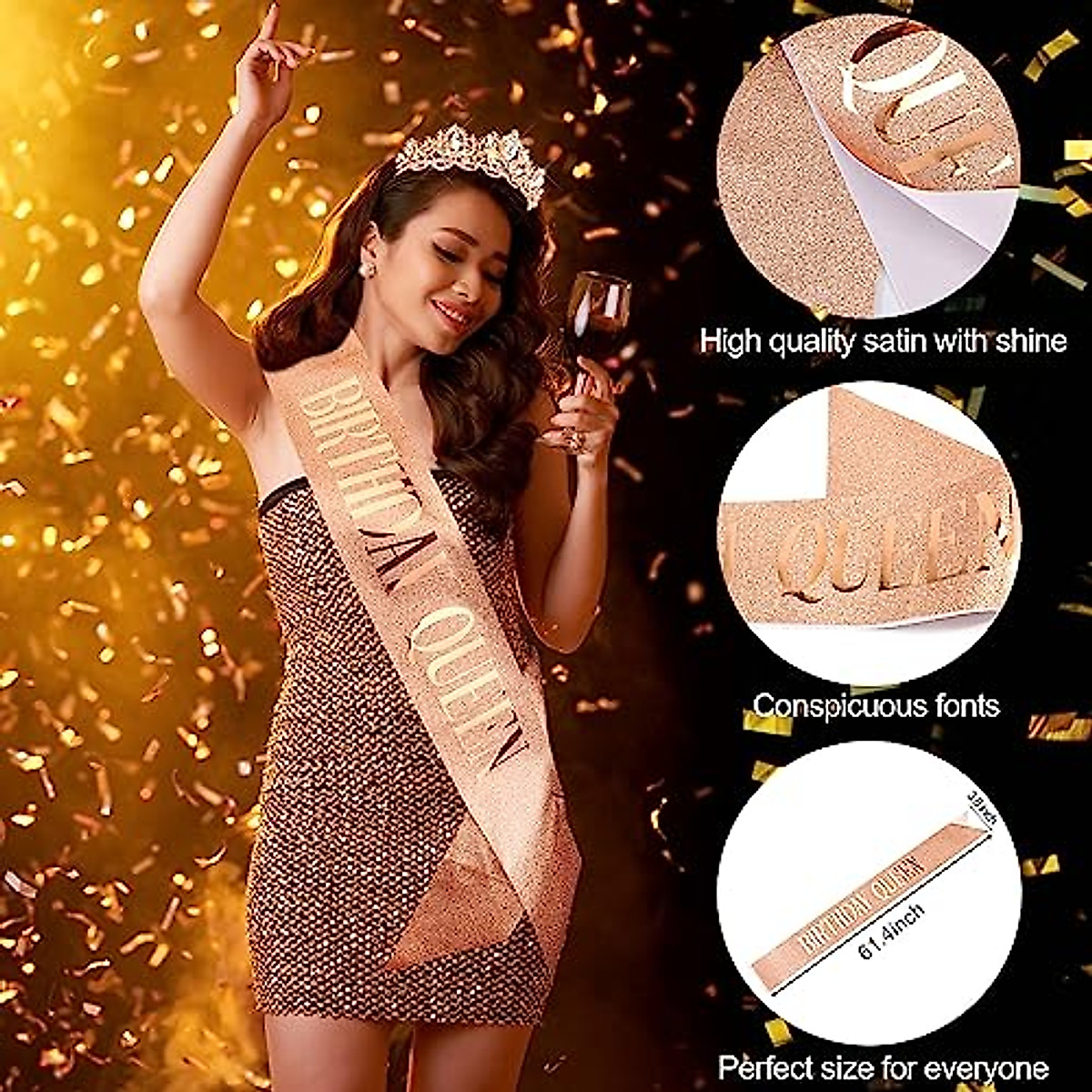 Tihebax Birthday Crown Rose Gold Crystal Tiara Birthday Queen Sash Birthday Headband Crowns for Women Birthday Queen Series Party Gift Halloween Cosplay Rhinestone Headbands(Rose Gold)