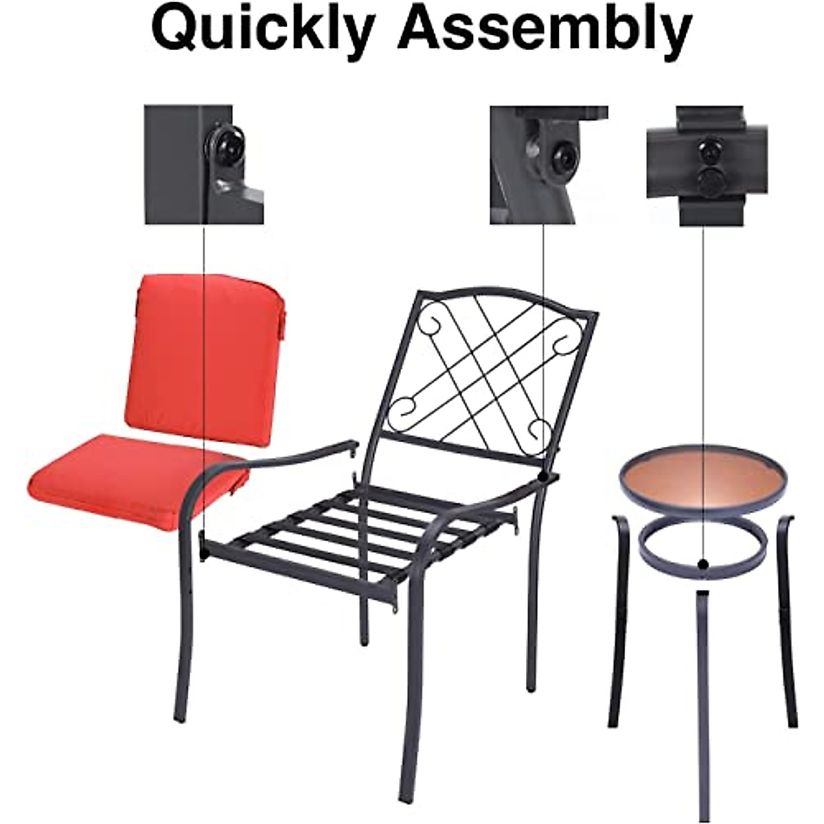 Barton 3PCS Outdoor Patio Bistro Set Chairs & Glass Table Set Porch All-Weather Cushion Furniture, Orange Red