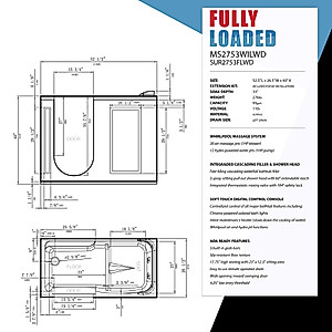 ANZZI Walk-in Bathtub 27'' x 53'' Left Drain Fully Loaded, Air Jets & Whirlpool Massage Jets, Hot Tub, Quick Fill, 6 Setting Handheld Shower Sprayer, Aromatherapy, Bath Pillow, LED Lights 2753FLWL