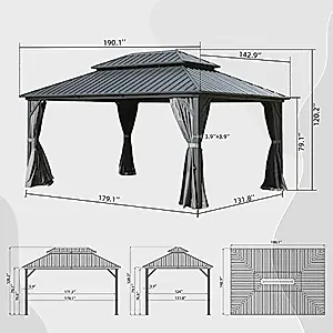 Domi Hardtop Gazebos 12x16FT, Aluminum Metal Gazebo with Galvanized Steel Double Roof Canopy, Curtain and Netting, Permanent Gazebo Pavilion for Patio, Backyard, Deck and Lawn, Grey