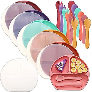 Roshtia 6 Packs Silicone Suction Plates for Toddlers Kids Plates with Lids Including Spoon Fork Baby Plates with Suction Microwave Dishwasher Safe Plates Divided into 3 Portions for Infants 6 Colors