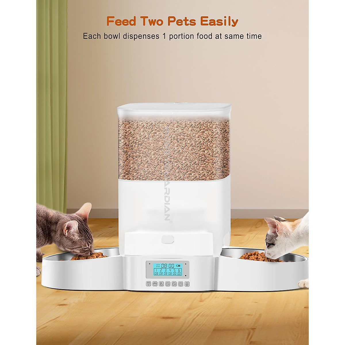 HoneyGuaridan Automatic Cat Feeder for Two Cats,3.5L Cat Food Dispenser with Stainless Steel Bowl,Timed Cat Feeder Programmable 1-6 Meals Control, Dual Power Supply,Desiccant Bag,10s Meal Call Whit