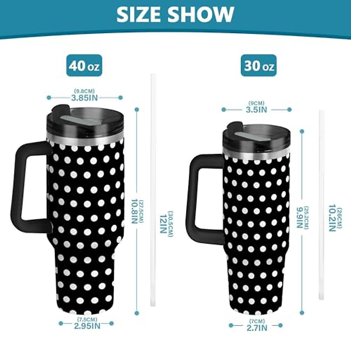 Flradish 40oz Tumbler with Handle, Polka Dots Black White Stainless Steel Tumbler with Lid and Straws Double Wall Vacuum Insulated Leakproof Coffee Travel Mug