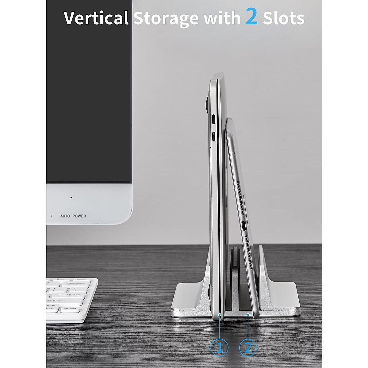 JARLINK (Upgraded Dock Version Vertical Laptop Stand, Double Desktop Stand Adjustable Laptop Holder (up to 17.3 inches) Compatible with All MacBook Pro/Air/Microsoft Surface (Silver)