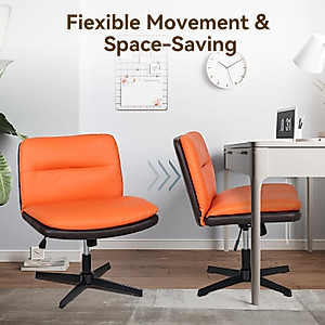 ELECWISH Criss Cross Office Chair, Armless Cross Legged Desk Chair No Wheels, PU Leather Applesauce Office Chair Wide Padded Home Office Chair for Bedroom, Living Room(Orange+Brown)