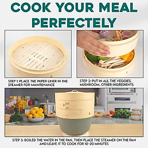 Dumpling Bamboo Steamer for Cooking with a Lid 10 Inch 2 | Tier Wooden Basket with 2 Pair of Chopsticks | Bun Steamer Basket | 1 Dumpling Maker, Sauce Dishes, and 20 Liners | Food Steamer basket