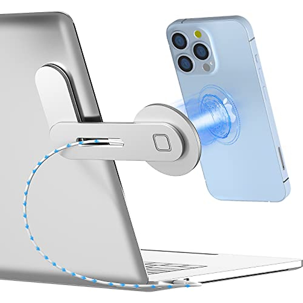 Laptop Phone Holder, 15W Fast Wireless Charger Magnetic Laptop Holder, Adjustable Phone Mount Bracket for Laptop Monitor, Slim Foldable Portable Computer Expansion Stand for iPhone 14/13/12 Series