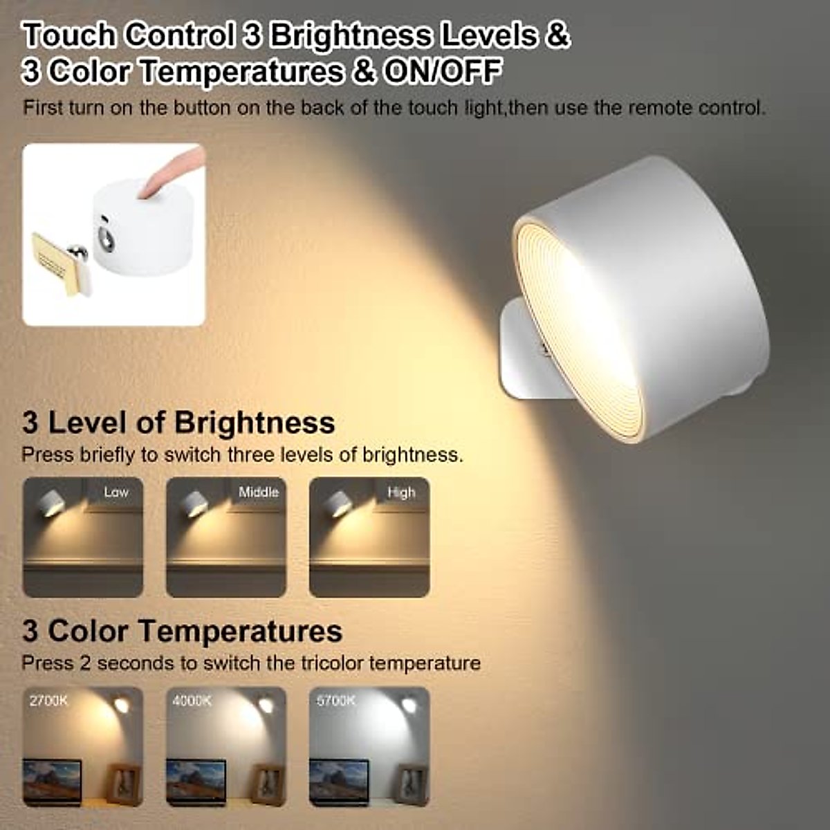 Lightess LED Wall Sconce, Wall Mounted Lamp with Rechargeable Battery Operated, 3 Brightness Level & 3 Color Temp 360°Rotate Magnetic Ball,Touch & Remote Control Wall Light for Reading Bedside