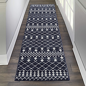 Nourison Royal Moroccan Farmhouse Navy/Grey 2'2" x 7'6" Area Rug, Easy Cleaning, Non Shedding, Bed Room, Living Room, Dining Room, Kitchen (2x8)