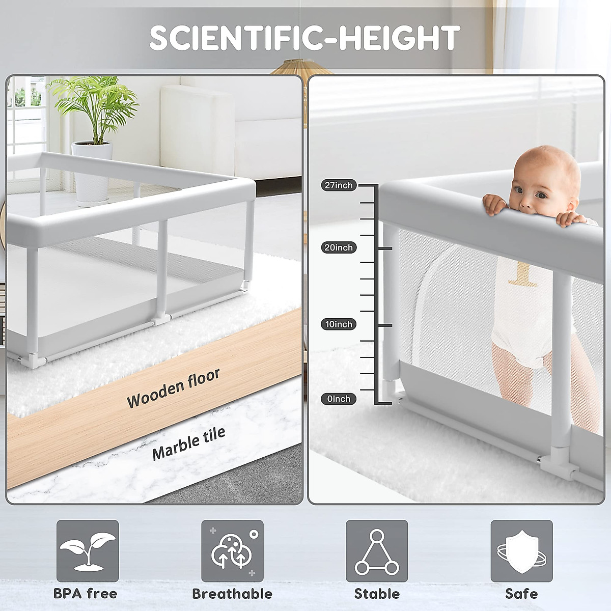 Baby Playpen Baby Playard, Playpen for Babies and Toddlers with Gate, 51x51" Small Baby Fence, Sturdy Safety Playpen, Indoor & Outdoor Kids Activity Center (with Anti-Slip Base) Silver Gray