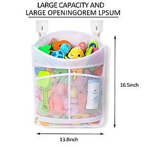Ligereza Mesh Bath Toy Organizer, Various Hanging Ways, Large Capacity Large Opening, YKK Zipper, 4 Super Hooks, with Two Compartment Pockets, Baby Bathtub Toy Storage Bag (Large White)