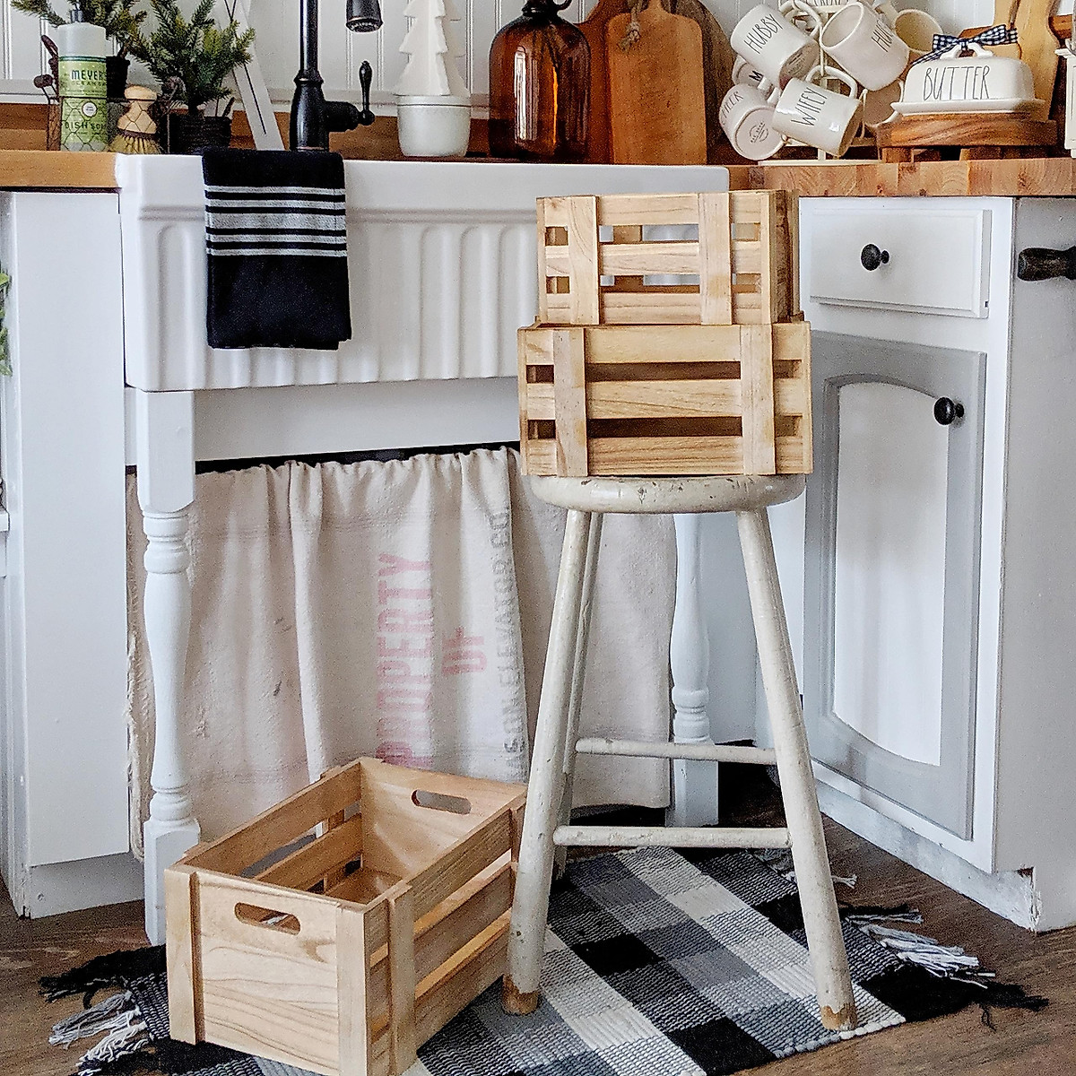 Natural Wood Crates for Storage - Set of 3: Decorative Unfinished Wooden Crates, Country Style Storage for Display, Rustic Farmhouse Shelf Décor