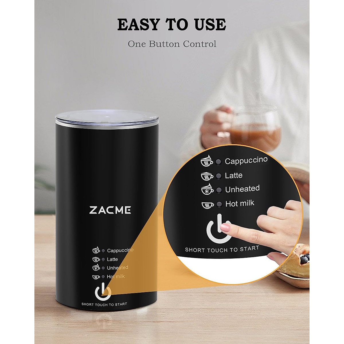 ZACME Milk Frother, 4 in 1 Electric Milk Steamer, Automatic Hot and Cold Foam Maker and Milk Warmer for Coffee, Latte, Cappuccino, Macchiato, Hot Chocolate Black
