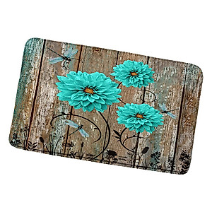 Teal Floral Bath Mat Dahlia Rustic Vintage Brown Wooden Board Flower Dragonfly Bathroom Rugs Old Barn Door Country Farmhouse Non-Slip Backing Bedroom Kitchen Floor Decor Carpet 18x30 Inch