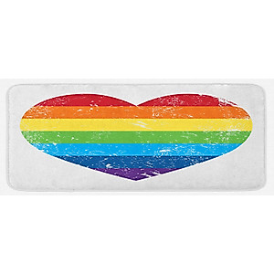 Ambesonne Vintage Rainbow Kitchen Mat, Heart Shape with LGBT Flag Design Gay Pride Themed Image with Retro Effect, Plush Decorative Kitchen Mat with Non Slip Backing, 47" X 19", Red Orange