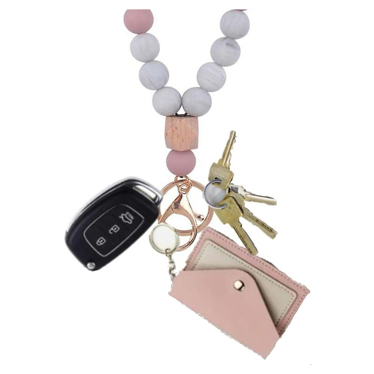 Sither Silicone Keychain Ring for Women Cute Keyring Bracelet Beaded Bangle Key Chain Car Keychain Holder for Mom Gift (pink)