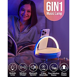 BELMAK Bedside Lamp with Wireless Charger, Phone Charging Lamps for Bedroom, Speaker Lamp Bluetooth Wireless, 6 in 1 Touch Bedside Lamp, Unique Gifts for Women, Dad, Mom, Men Birthday Gift Ideas