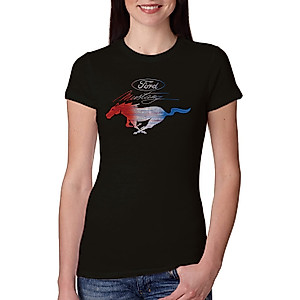 Ford Mustang Shirt USA Flag Mustang Emblem Cars and Trucks Womens Slim Fit Junior Tee, Black, Large