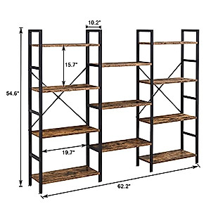 SUPERJARE Triple 4 Tier Bookshelf, Bookcase with 11 Open Display Shelves, Wide Book Shelf Book Case for Home & Office, Rustic Brown