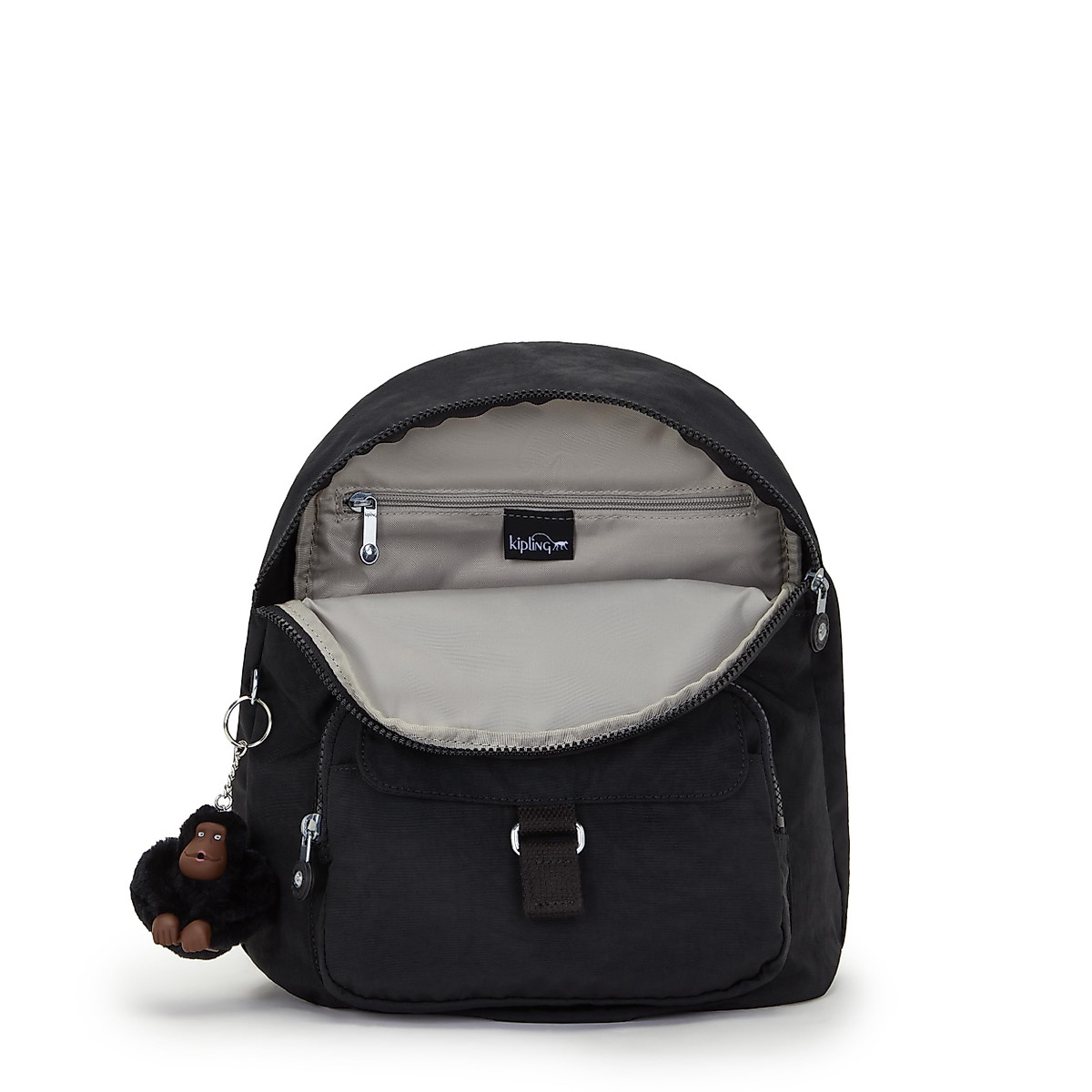 Kipling Girls' Women's Queenie, Adjustable Backpack Straps, Monkey Keychain, Key Clasp, Top Carry Handle, Black Tonal, 10" L x 13.25" H x 6.25" D