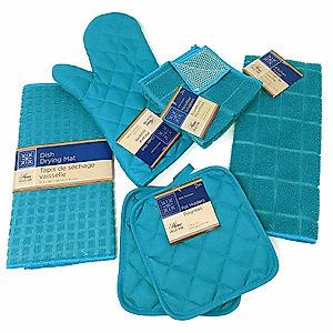 Kitchen Towel Set with 2 Quilted Pot Holders, Oven Mitt, Dish Towel, Dish Drying Mat, 2 Microfiber Scrubbing Dishcloths (Turquoise)