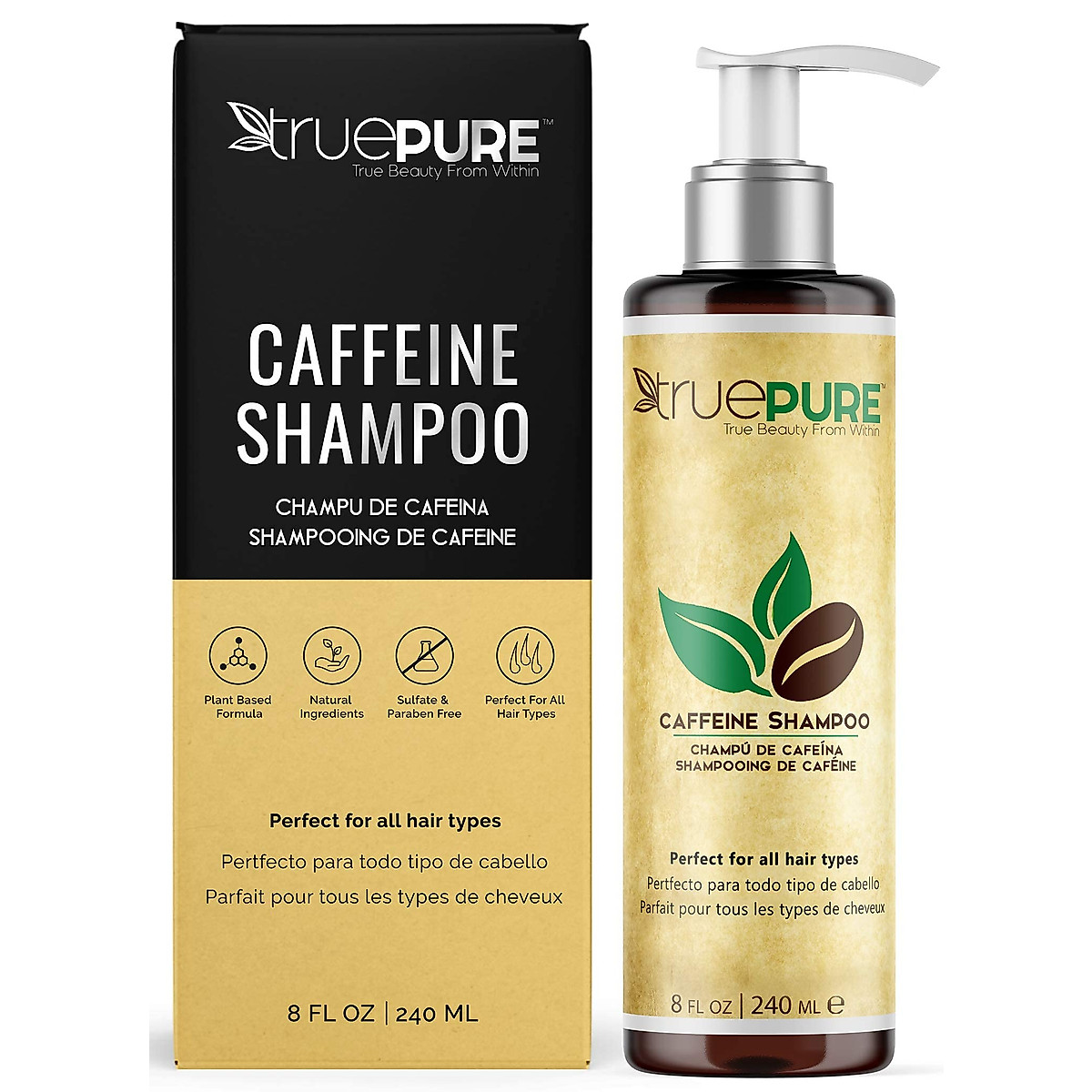 TruePure Hair Bundle - Caffeine Shampoo 8oz + Argan Oil Conditioner 8oz + Biotin Hair Growth Serum 2oz