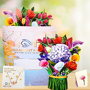 3D Pop-Up Greeting Card, 12 inch Life Sized Hydrangea Bouquet Artificial Flowers, 18k Gold Plated Necklace Gift with Note Card and Envelope Birthday Card for Mom Gifts for Women