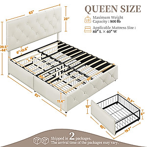 Yaheetech Queen Upholstered Bed Frame with 4 Drawers and Adjustable Headboard, Faux Leather Platform Bed with Mattress Foundation Strong Wooden Slats Support, No Box Spring Needed, Beige