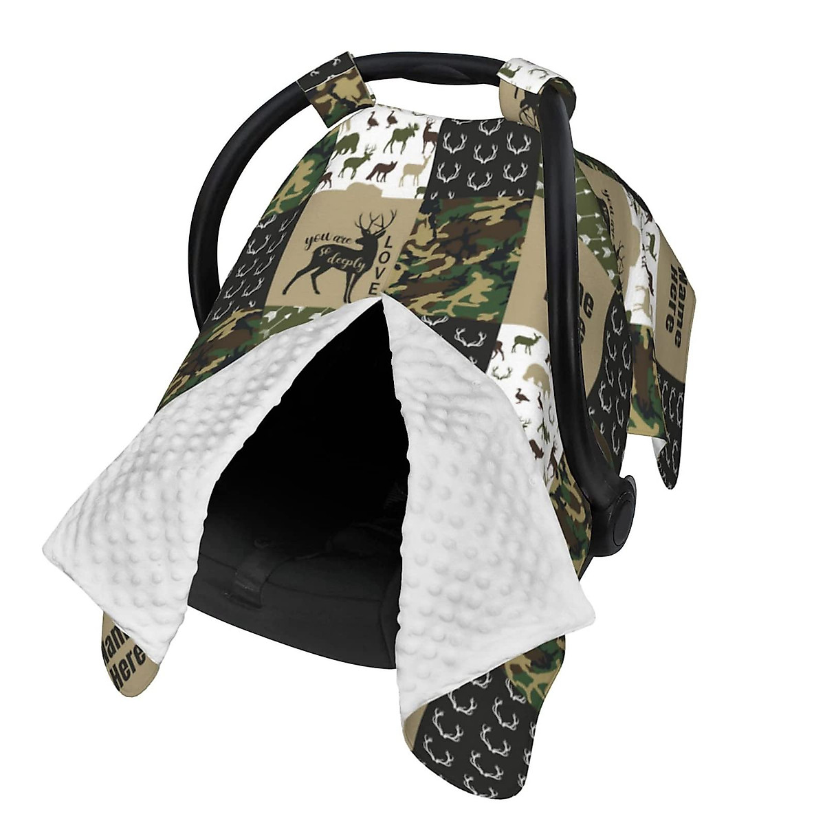 Personalized Baby Name Car Seat Covers for Babies, Custom Carseat Canopy, Peekaboo Opening Minky Dot Nursing Breastfeeding Cover Infant Canopies for Baby Boys Girls Newborn (Woodland Moose and Bear)