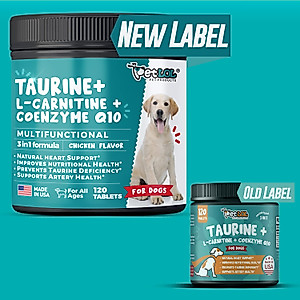 PET LOL Taurine Supplement for Dogs with L-Carnitine and Coenzyme Q10 (CoQ10): Vet Endorsed for Enlarged Heart (DCM), Congestive Heart Failure, Taurine Deficiency: 3-in-1 | Dog Supplements- 120ct