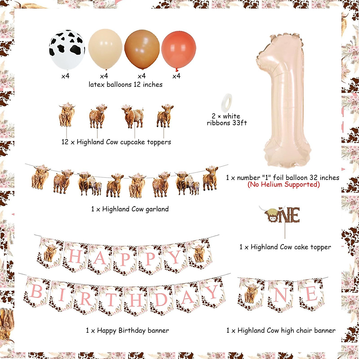 Highland Cow 1st Birthday Decorations Girl Pink Highland Cow Birthday Decorations Boho Highland Cattle Banner Cake Topper Balloons for Holy Cow Im One Farm Animal Birthday Party Supplies