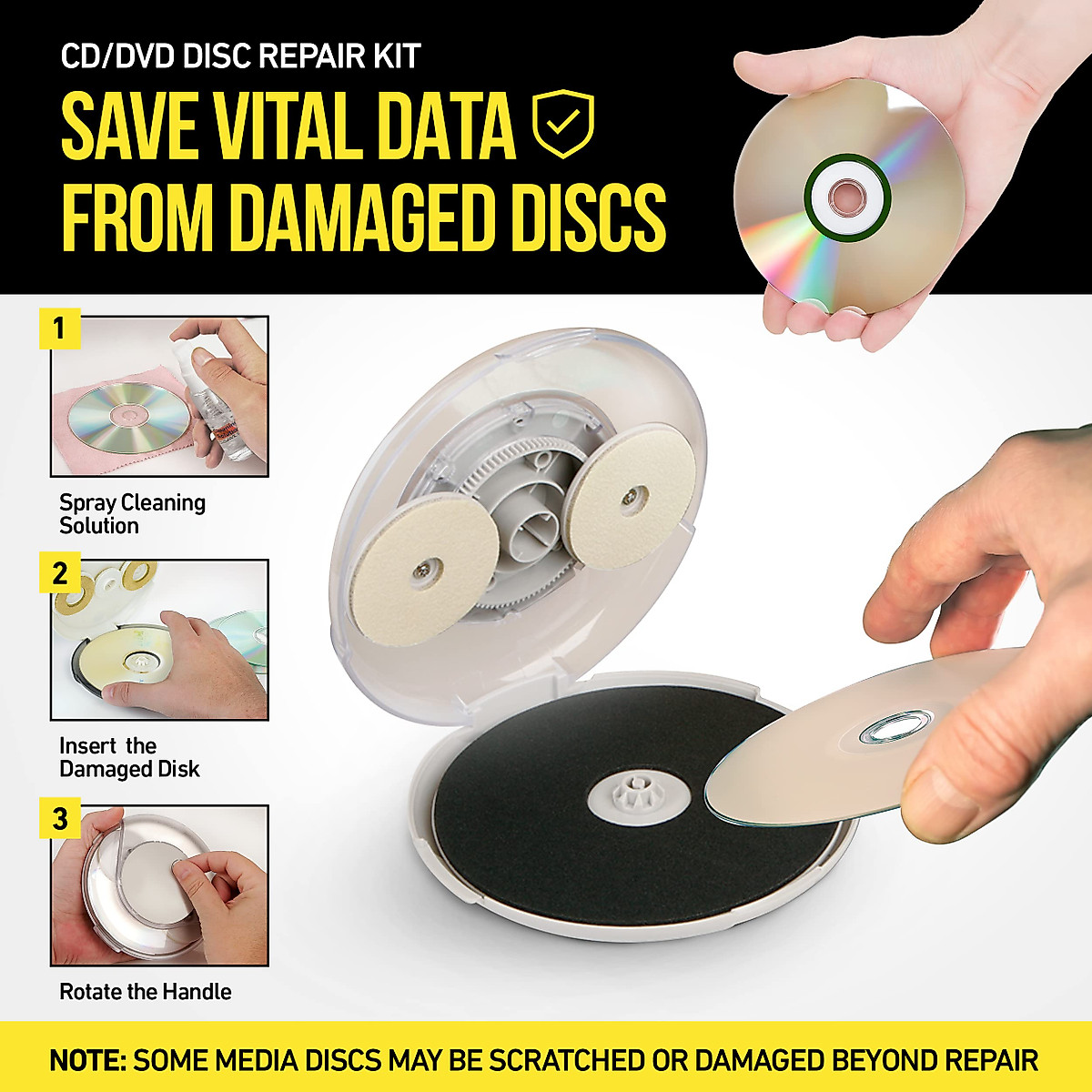 DVD CD Repair Kit with Cleaning Solution Included - Hand Powered CD DVD Cleaner and Scratch Remover Cleans and Polishes Discs with Minor Damage