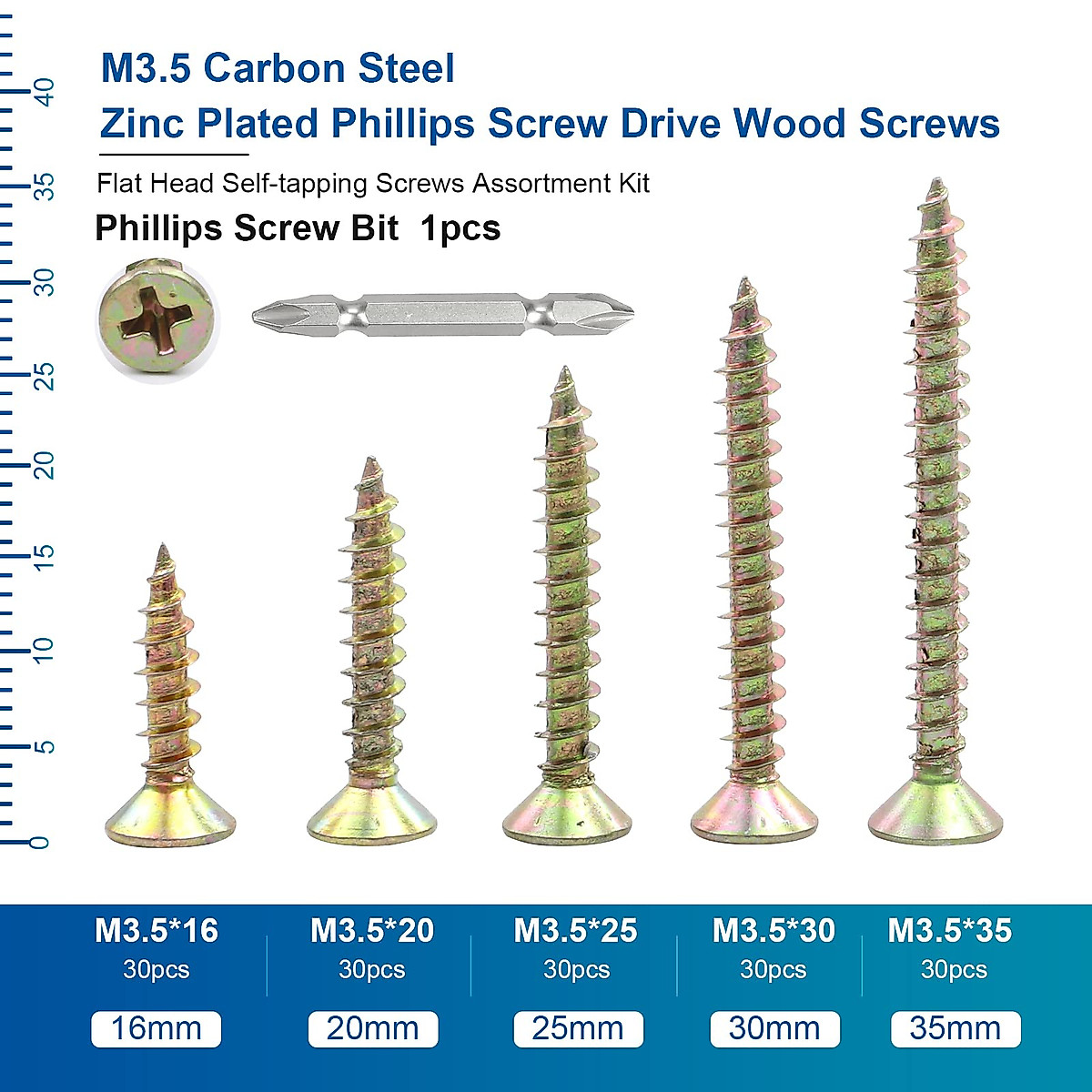 NINDEJIN Flat Head Wood Screws Assortment Kit, Phillips Drive Self Tapping Screws, M3.5 Small Wood Screws, Finish with Yellow Zinc Plated, 151 pcs Self-Tapping Screws Set with 1pcs Phillips Screw Bit