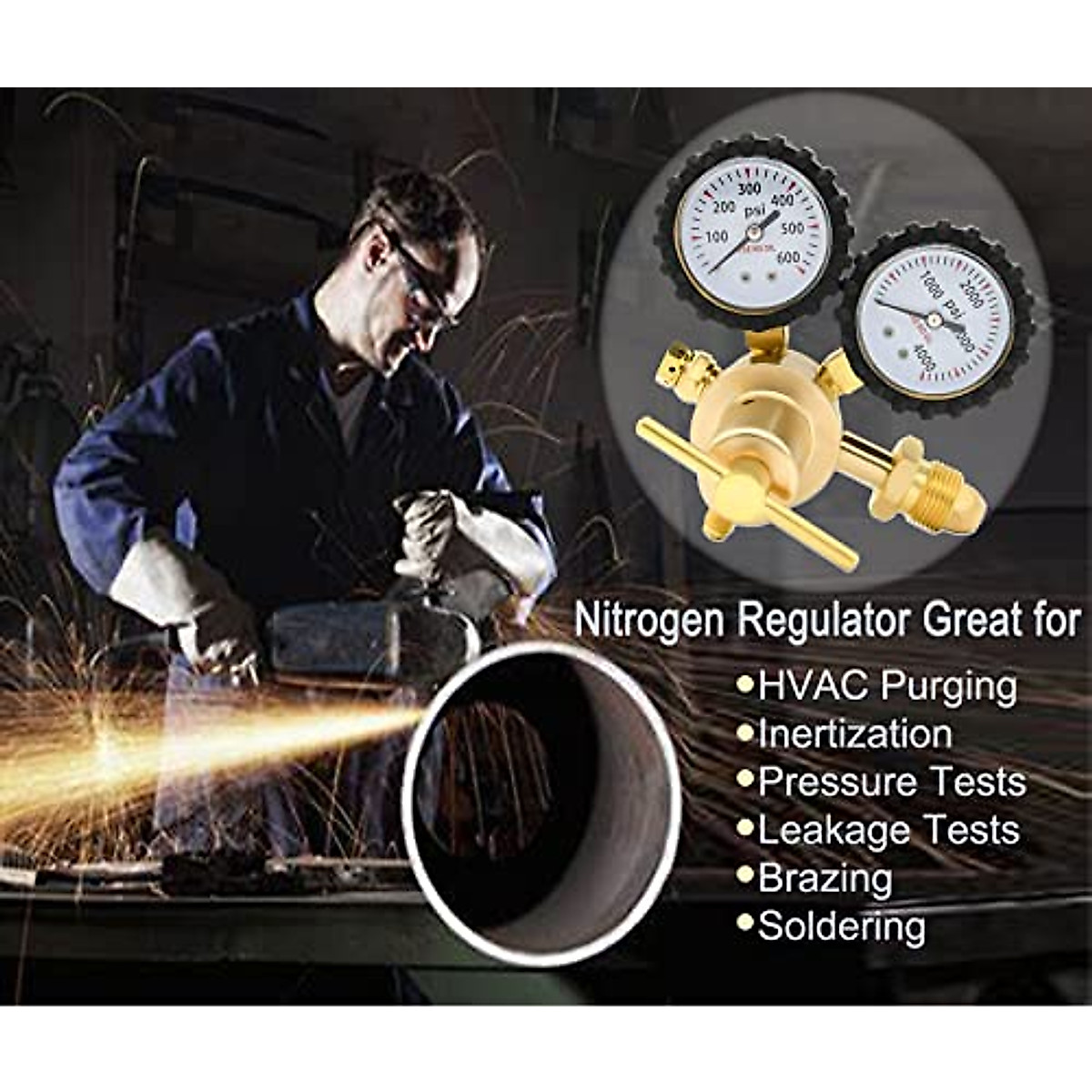 Nitrogen Regulator 0-600PSI CGA580 Inlet, 1/4-Inch Male Flare Outlet Connection, Heavy-Duty Handle, Self-reseating Relief Valve, Nitrogen Regulator Hvac, Helium Regulator, by NAKAO