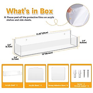 GTJ Acrylic Shelves, 4-Pack Spice Rack Wall Mount, Clear Book Shelves for Wall, Spice Organization, Vinyl Wall Mount, Cabinet, Pantry Door, Kitchen, Bedroom, Self-Adhesive and Drilling