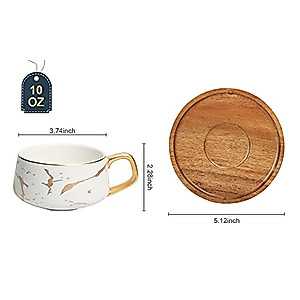 ENJOHOS 10 Oz Ceramic Tea Cup Coffee Cup Set with Wooden Saucer European Golden Hand Cup Saucer Set(White)