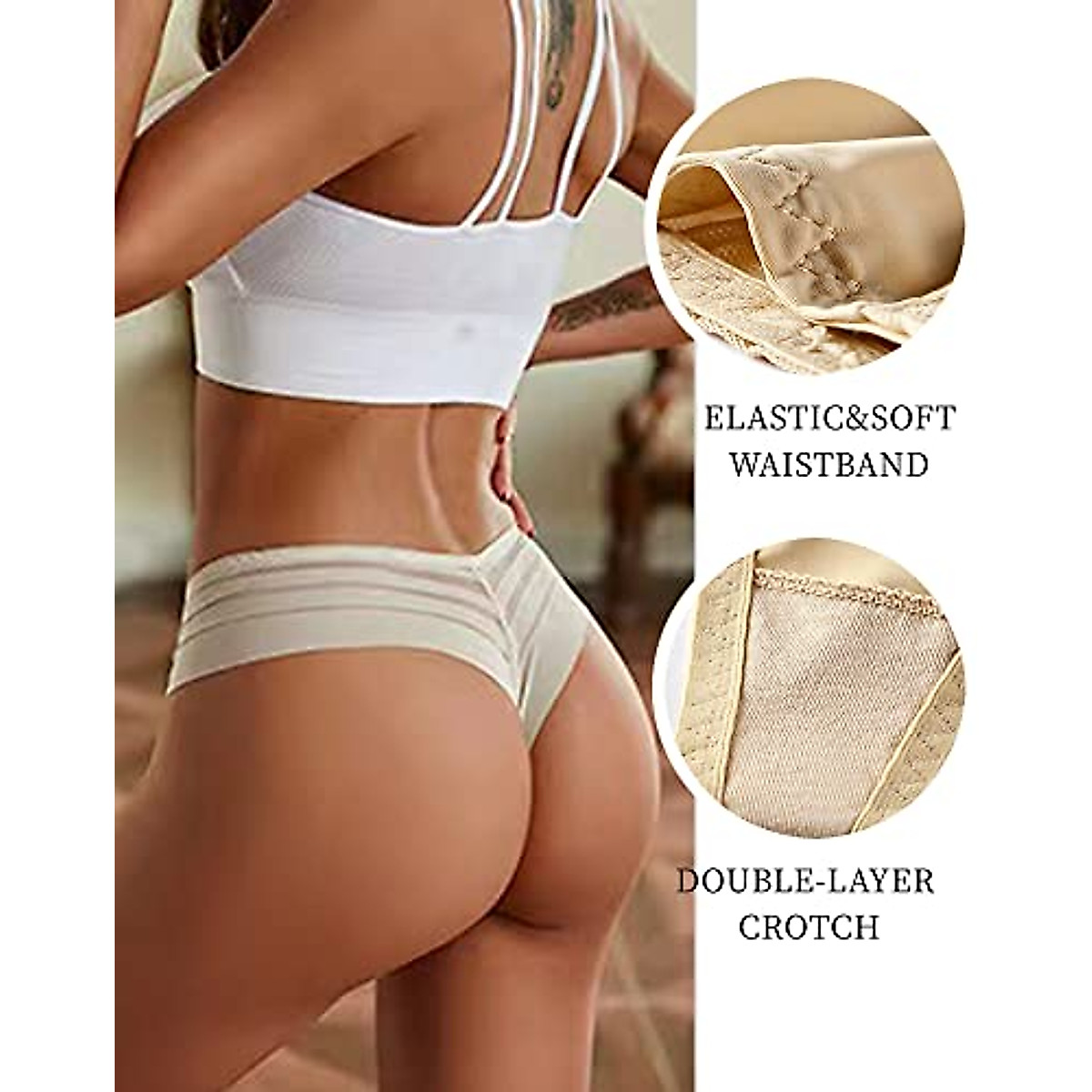 chelectnis Women Thongs Underwear Sexy Lace Bikini Panties Low Rise T Back Seamless Thongs,3 Pack,No Show Stretch Hipster