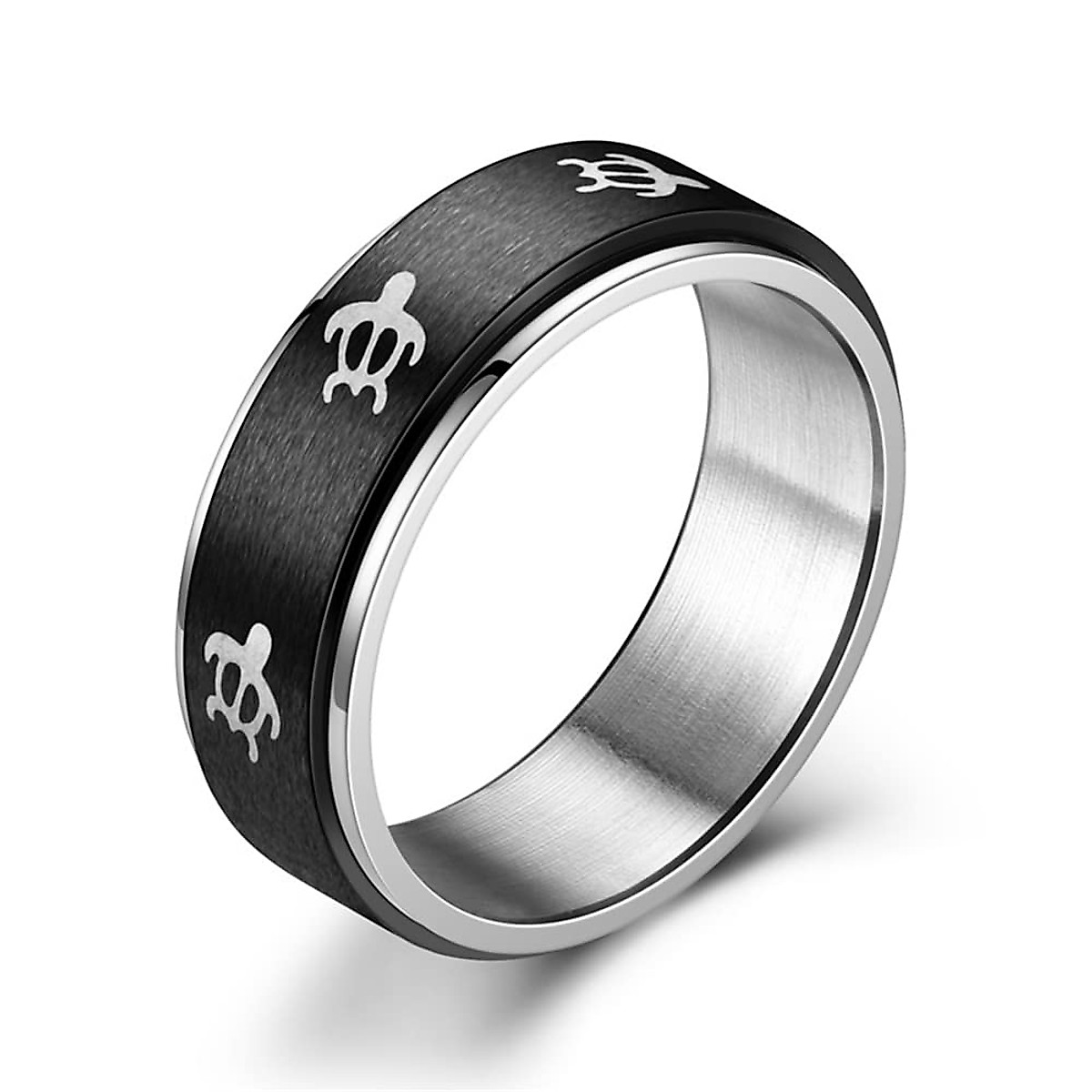 INRENG 8MM Stainless Steel Spinner Ring for Men Women Anxiety Relief Fidget Rings Band Animal Turtle Engraved Black Size 7