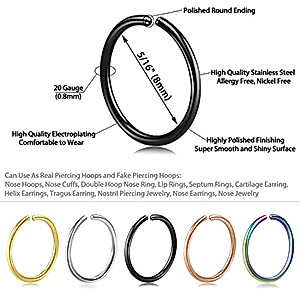 SkullParty Zifoan 5 pairs Nose Rings Hoop 20 Gauge Non Piercing Stainless Steel Clip-on Fake Nose Ring Body Jewelry (10PCS Inner Diameter: 5/16 (8mm))
