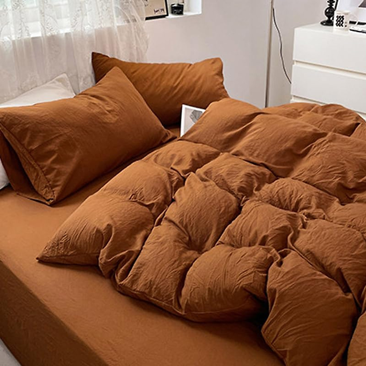 Modern Style Bedding Three Piece Set, Washed Cotton Quilt Cover, Breathable, Durable, Soft and Comfortable with 2 Pillowcases (Brown, Full (80 "x 90"))