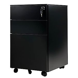 Sanoolir Locking File Cabinet 3 Drawer, Mobile File Cabinet on Wheels Under Desk fits Legal/Letter/A4 Size for Home/Office (Black)