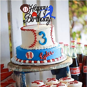 1 PCS BaseBall Happy Birthday Cake Topper Glitter Baseball Player Sports Theme Cake Pick Decorations for Baseball Theme Baby Shower Kids Birthday Party Cake Decorations Supplies