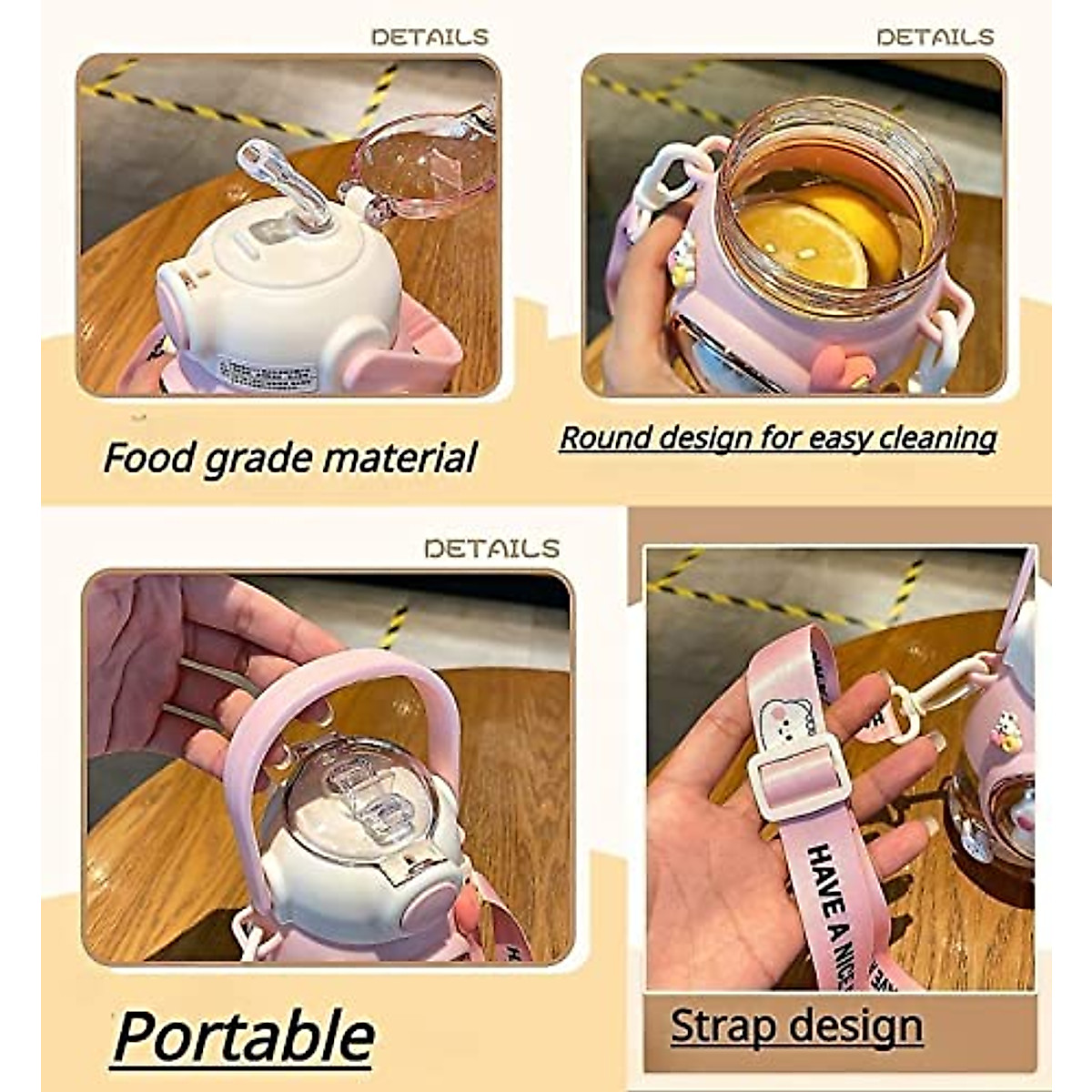 LEJN Kawaii Water Bottle with Adjustable Shoulder Strap Portable Leakproof BPA-free Cartoon Children Cup Capsule Bottle Traveling Hiking (Pink820ml)