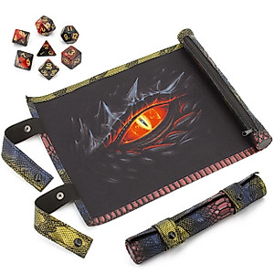 CASEMATIX Dice Rolling Tray and Dice Mat with 7 Included Roleplaying Dice Compatible with DND and Other Games - Scroll Rolling Tray and Travel Dice Holder for Storing up to 14 Game Dice